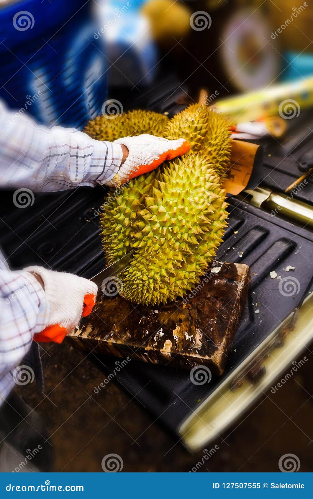 Man Cutting Durian in the Street Stock Image - Image of healthy, exotic ...