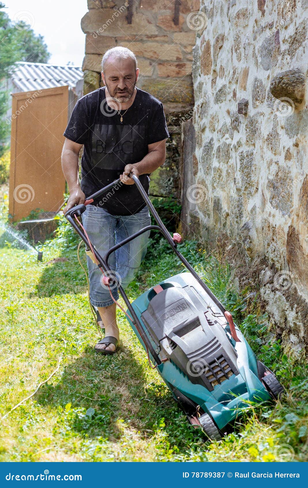 Man Cutting Grass in His Garden Stock Image - Image of mowing, person ...