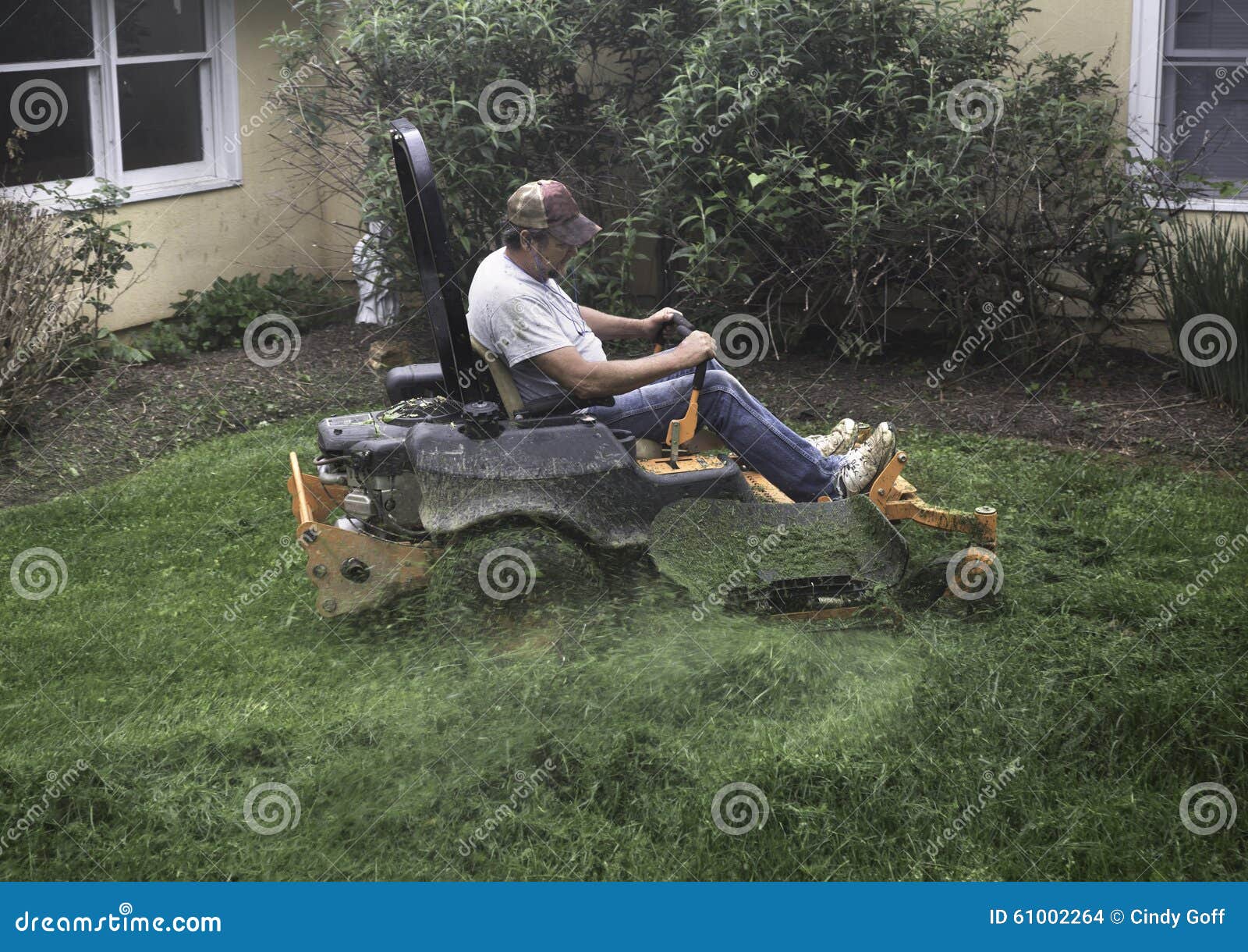 Man Cutting Grass on Lawnmower Stock Photo - Image of yellow, gardener ...