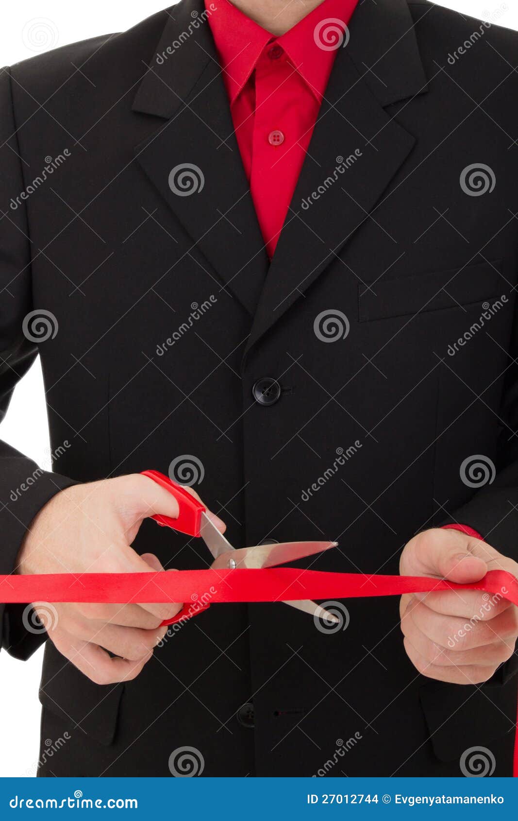 Man Cutting the Red Ribbon with Scissors Stock Photo - Image of party ...