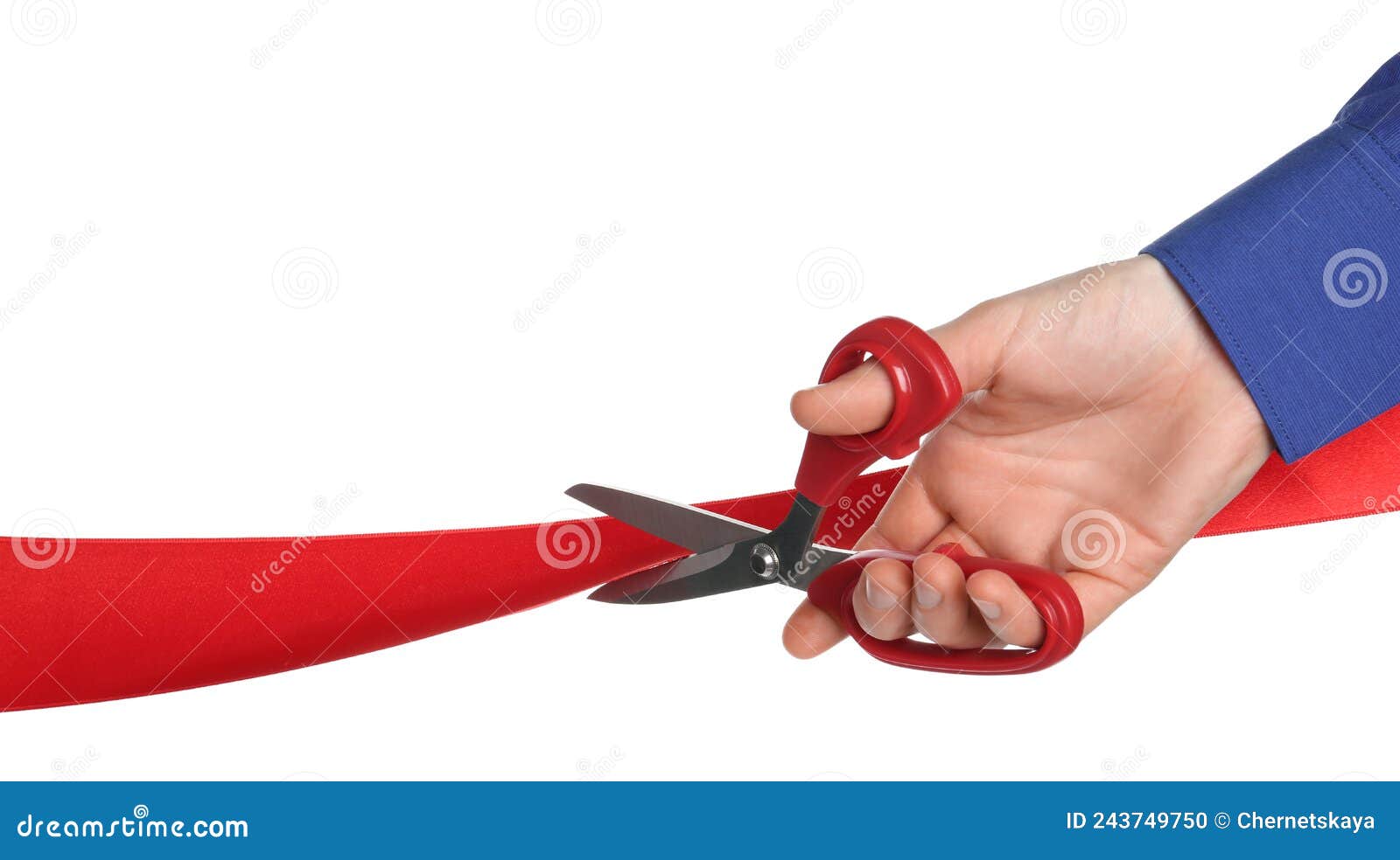 Man Cutting Red Ribbon on White Background, Closeup Stock Illustration ...