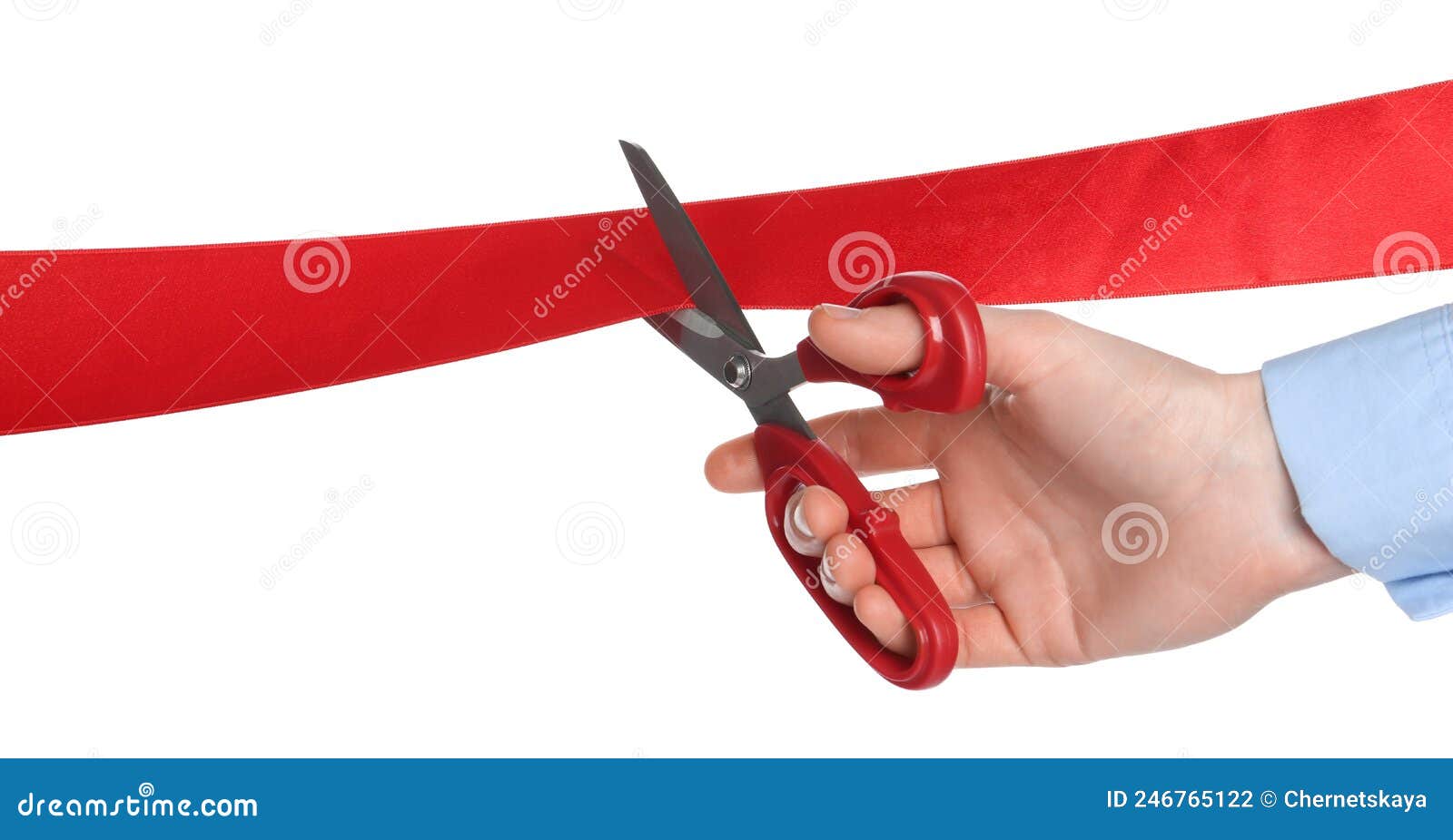 Man Cutting Red Ribbon on White Background, Closeup Stock Photo - Image ...