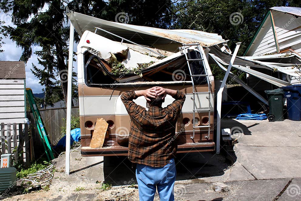 Man and damaged rv stock image. Image of damage, injury - 14442671