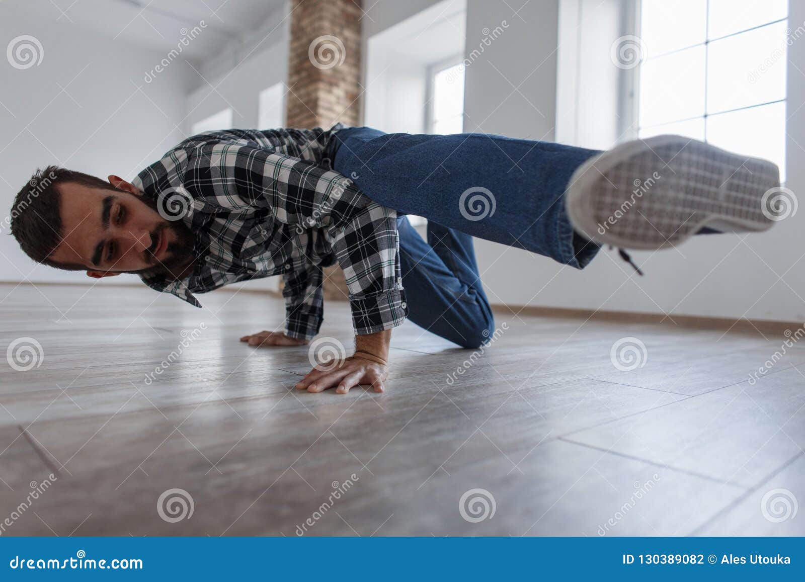 Man Dancer in Jeans Clothes Dancing Breakdance in Dance Studio. Stock ...