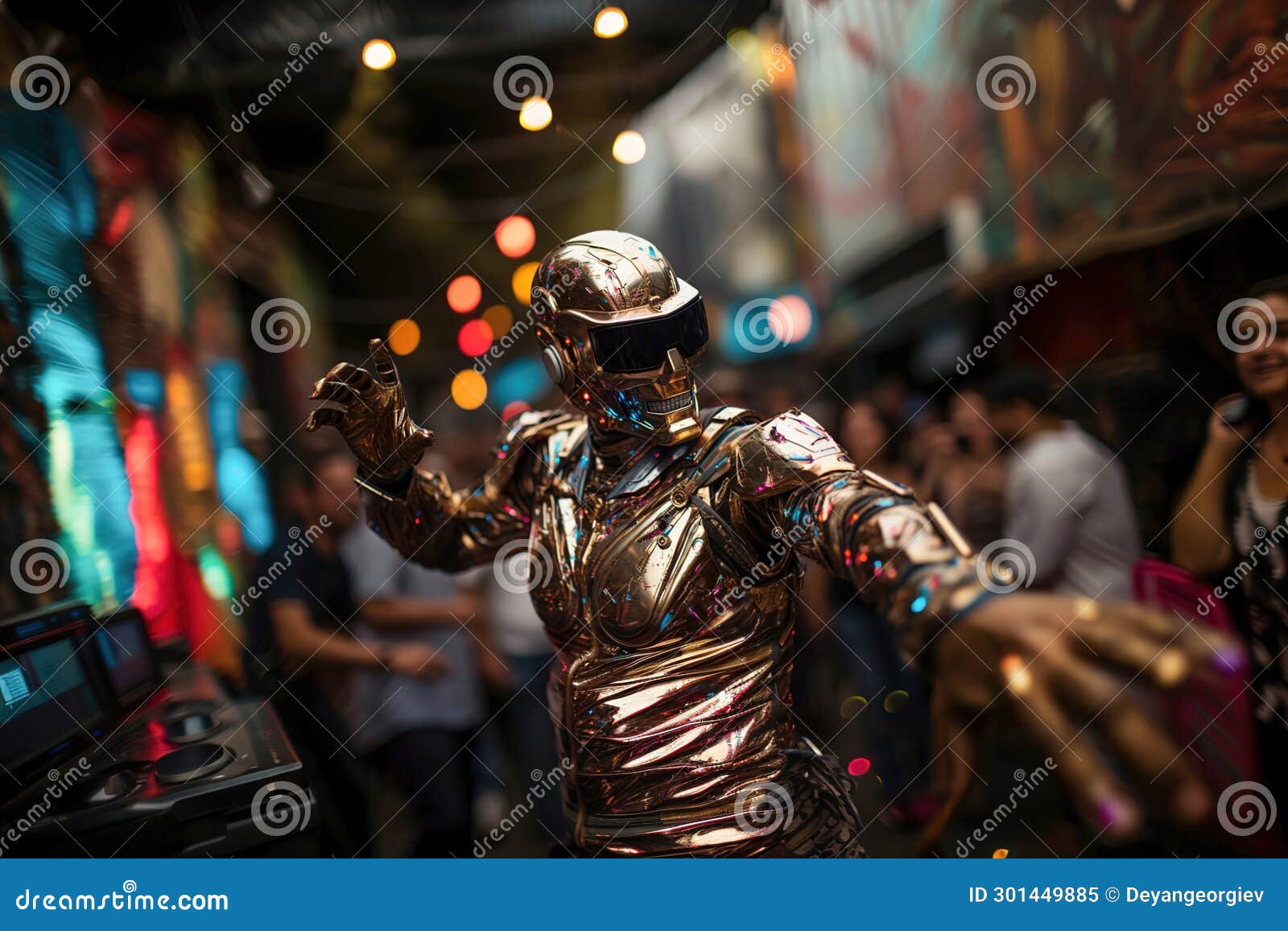 Man Dancing in Disco. Man Dressed in Futuristic Silver Suit. Robot Suit ...