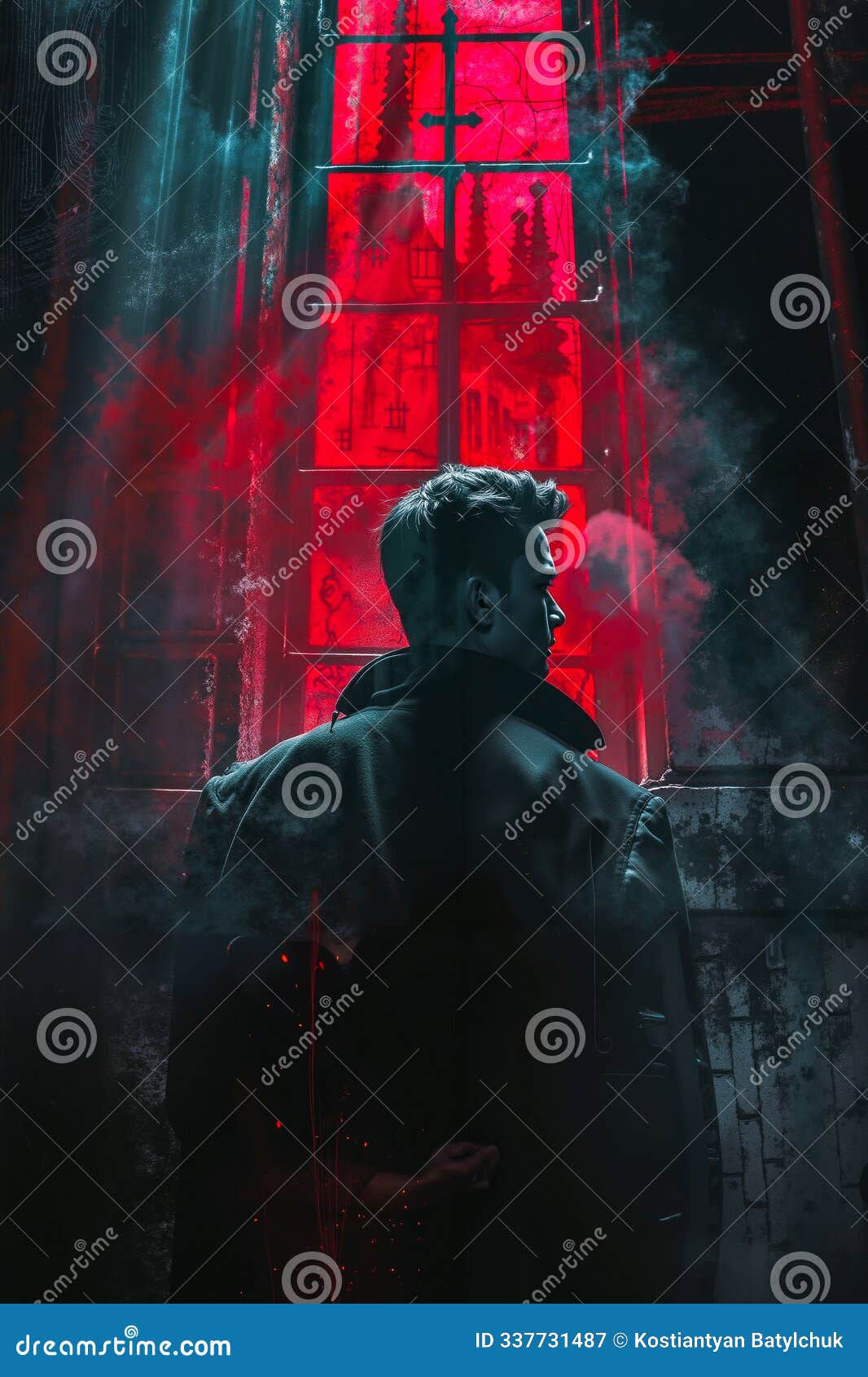A Man Standing in Front of a Red Stained Glass Window Stock Image ...