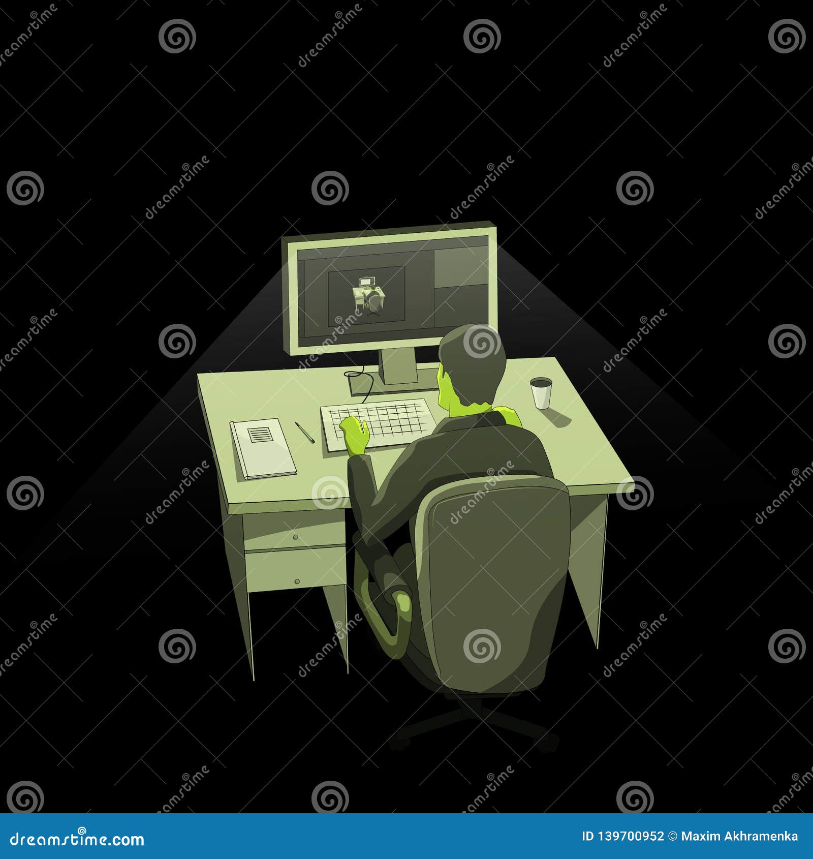 Man in the Dark at Night Working at the Computer Alone. Stock ...