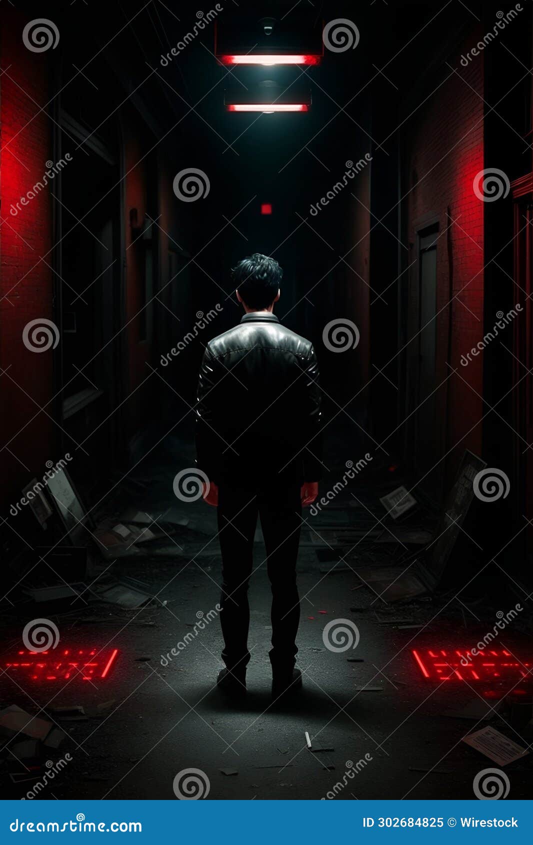 Man in a Dark Room Lit Up by Red Light. Ghost Hunter. AI-generated ...