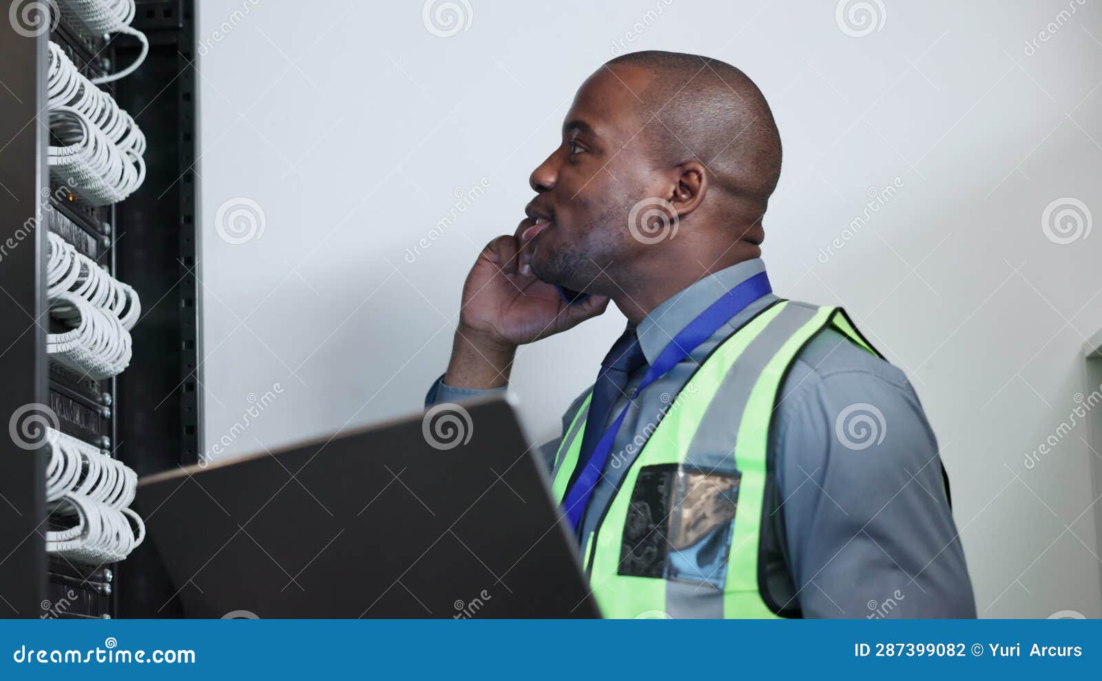 Man, Data Center and Phone Call in Engineering Maintenance, Server Room ...