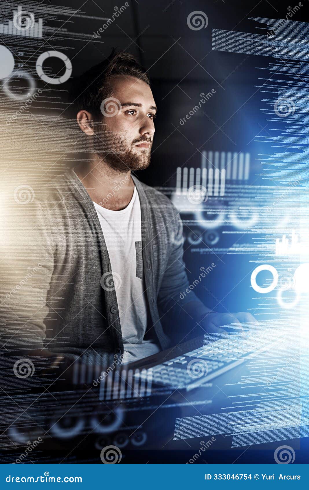 Man, Data and Night with Digital Overlay or Hologram for Future ...