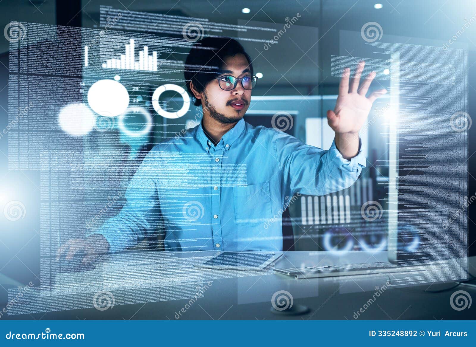 Man, Data Scientist and Programming Code in Typing for Innovation or Web Research. Computer ...