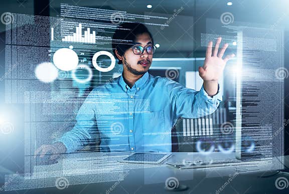 Man, Data Scientist and Programming Code in Typing for Innovation or Web Research. Computer ...