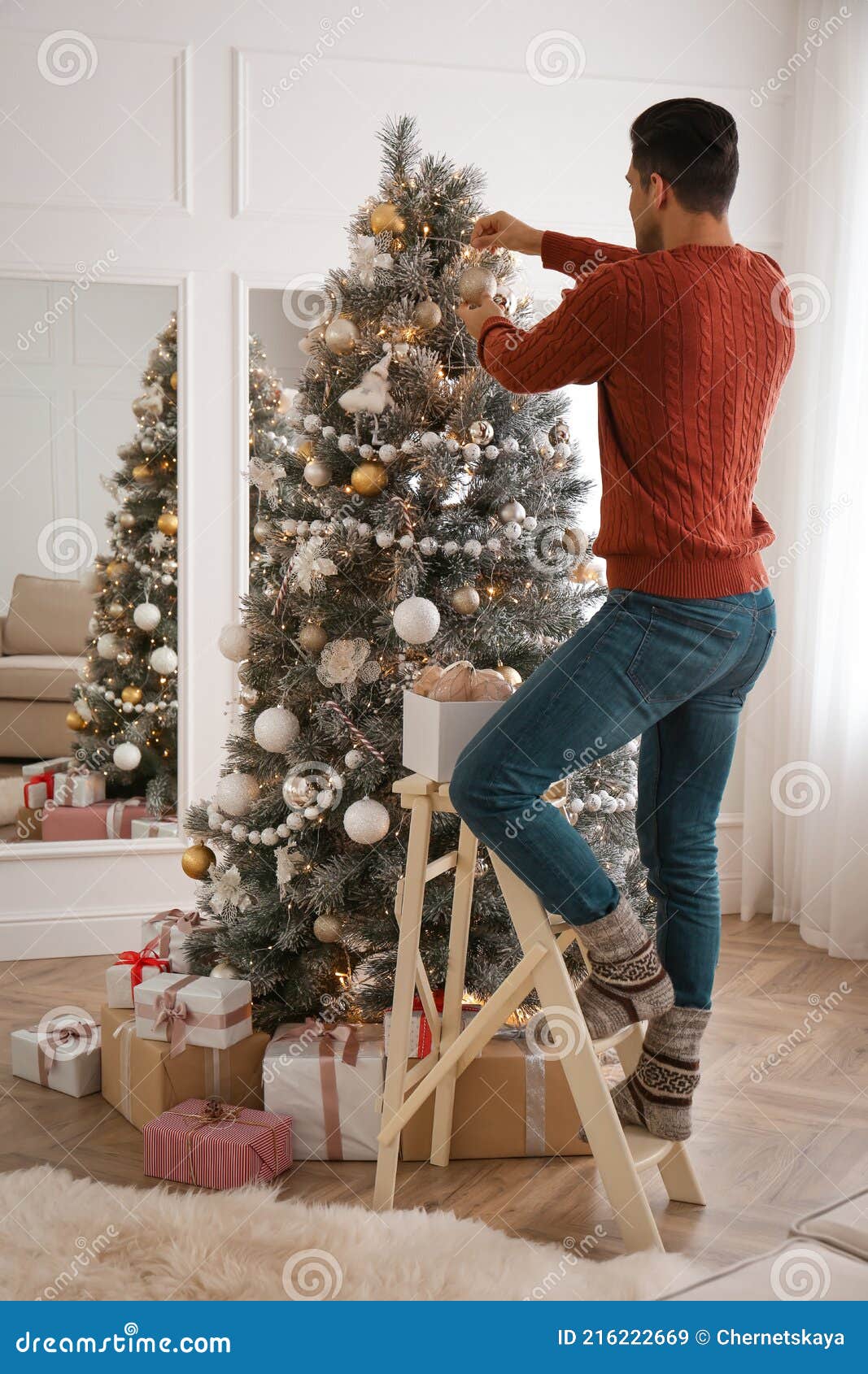 Man Decorating Christmas Tree in Beautiful Room Interior, Back View ...