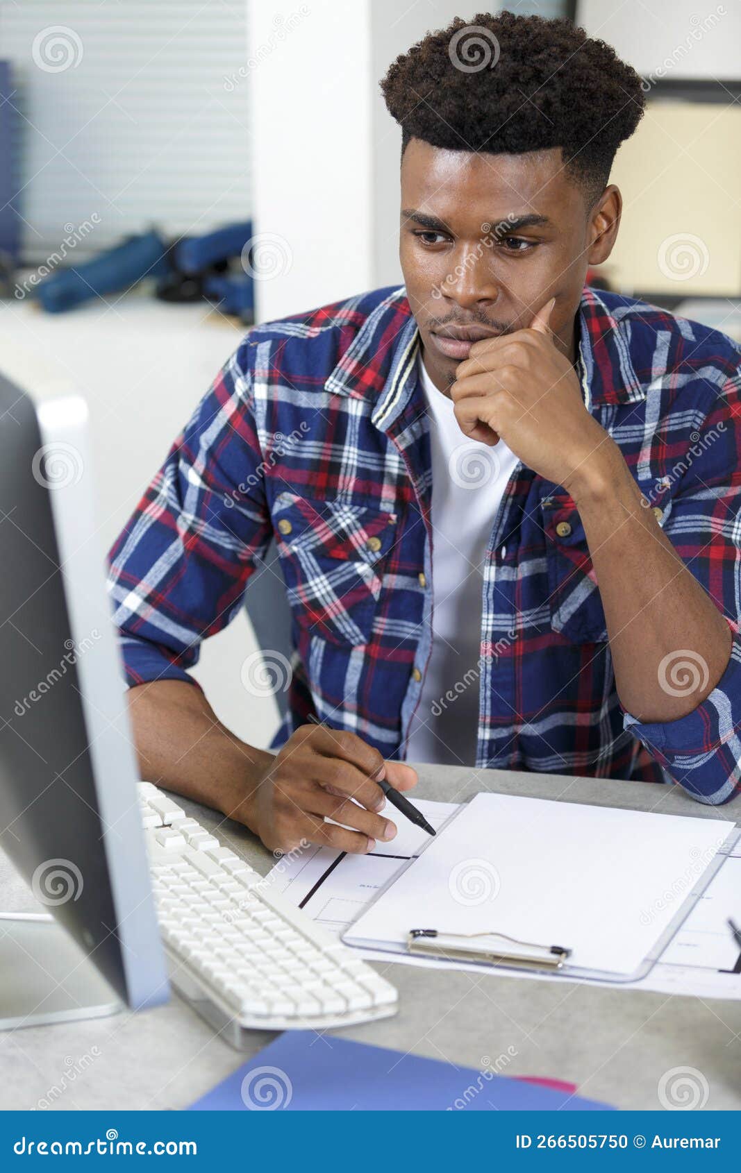 Man Deep in Thought Sat at Computer Desk Stock Photo - Image of design ...