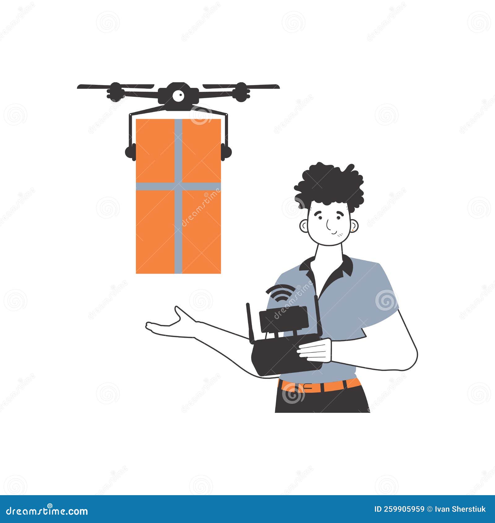 A Man Delivers a Package by Drone. Drone Delivery Concept. Linear Style ...