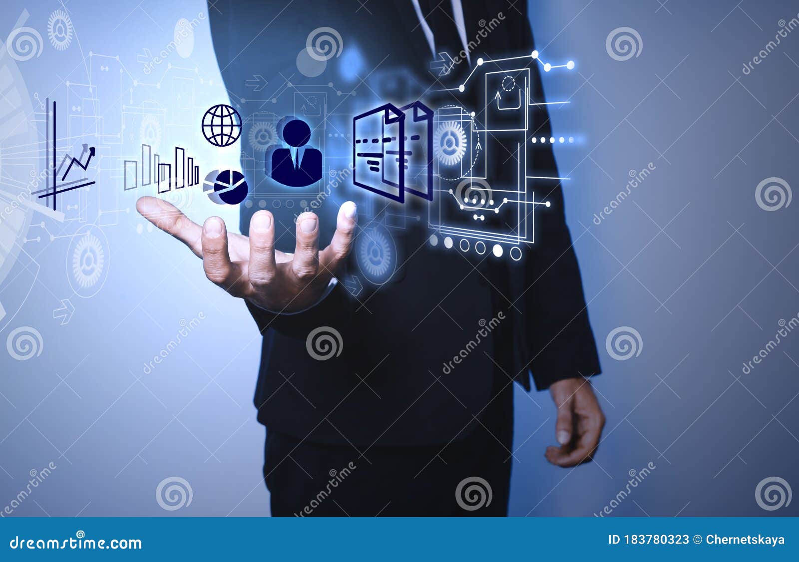 Man Demonstrating Icons of Data Management System on Light Background ...