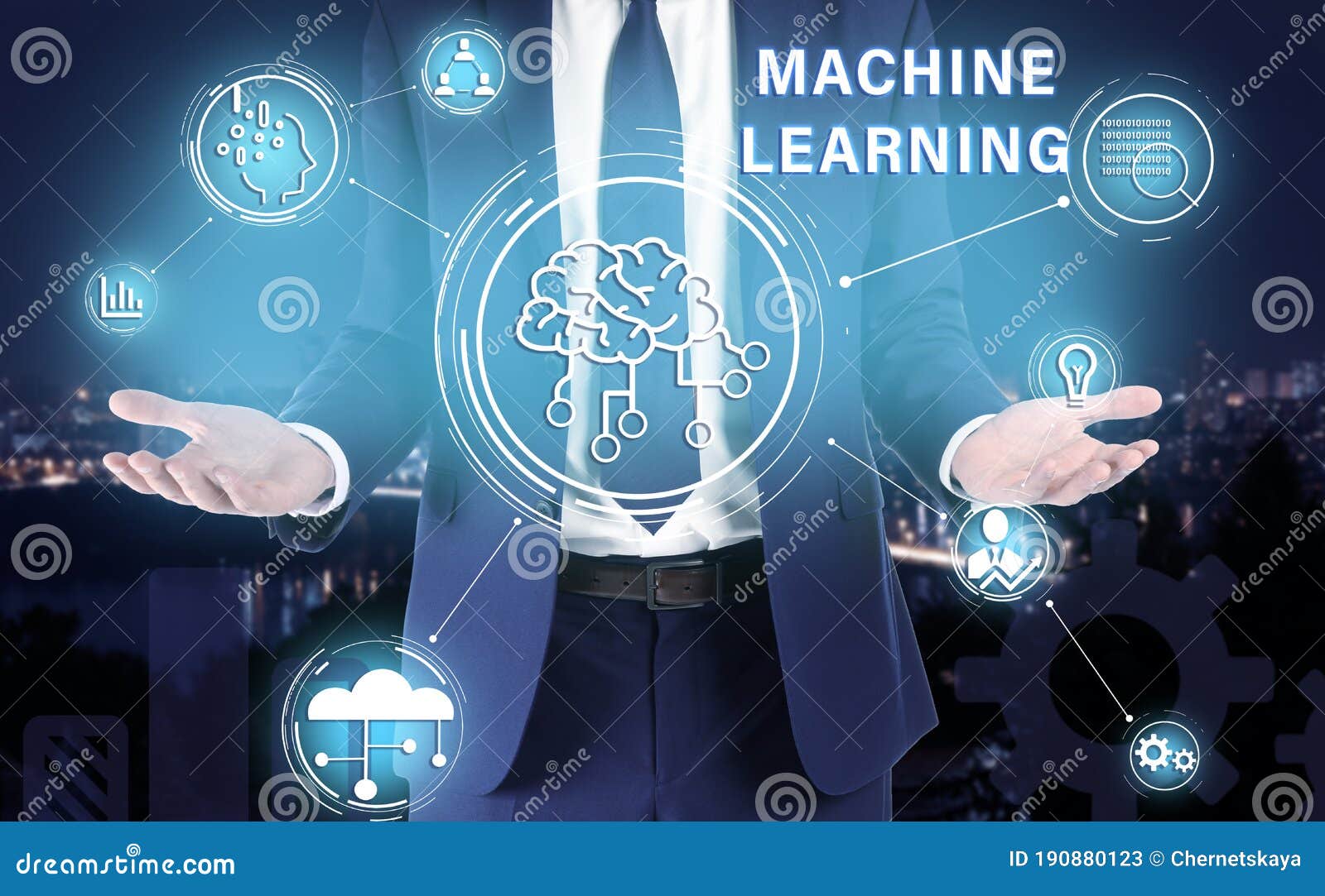 Man Demonstrating Machine Learning Model and Cityscape on Background ...