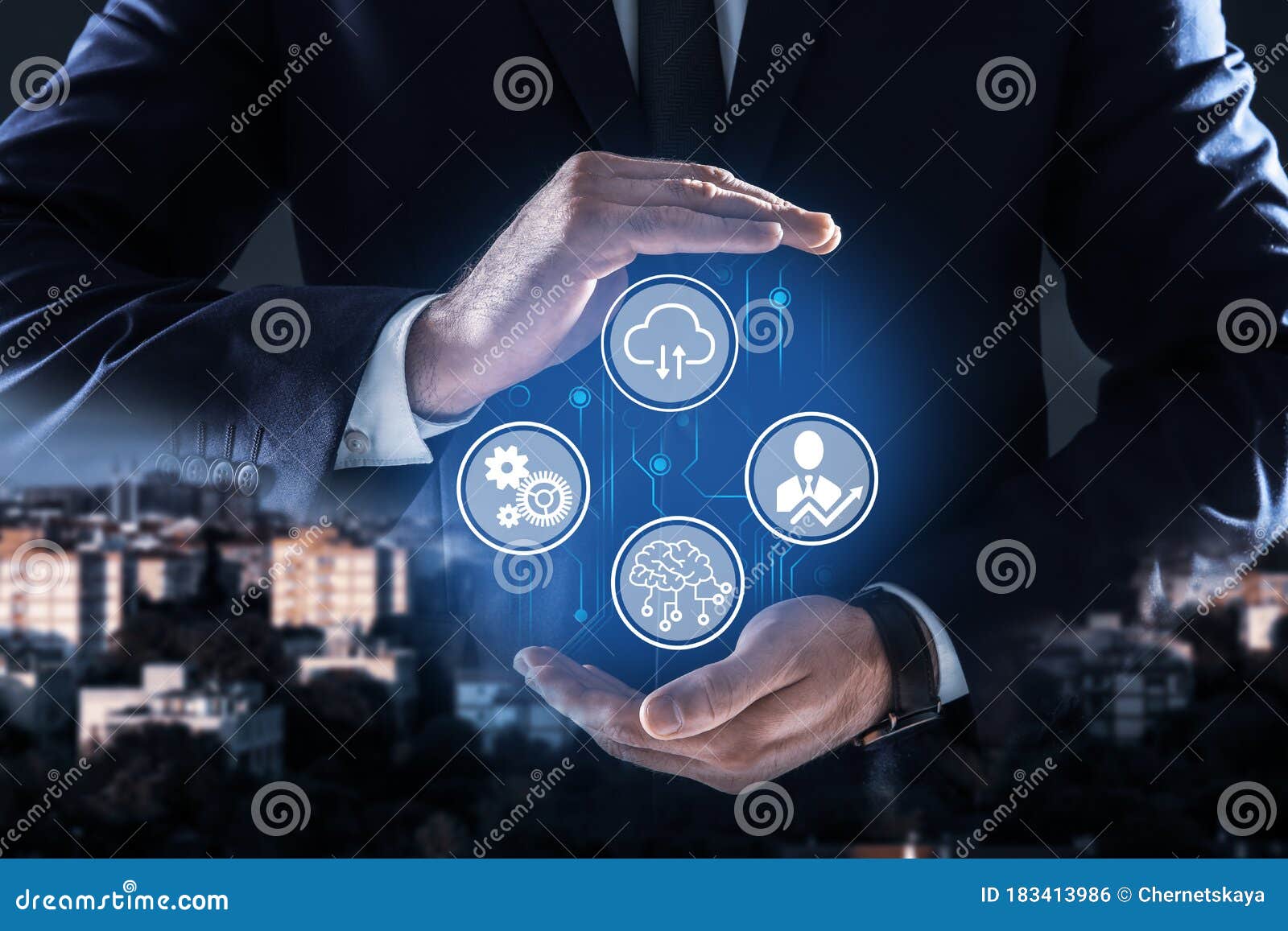 Man Demonstrating Machine Learning Model with Different Icons and Night ...