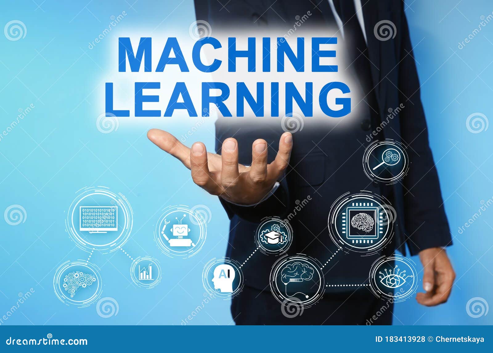 Man Demonstrating Machine Learning Model with Linked Icons on ...
