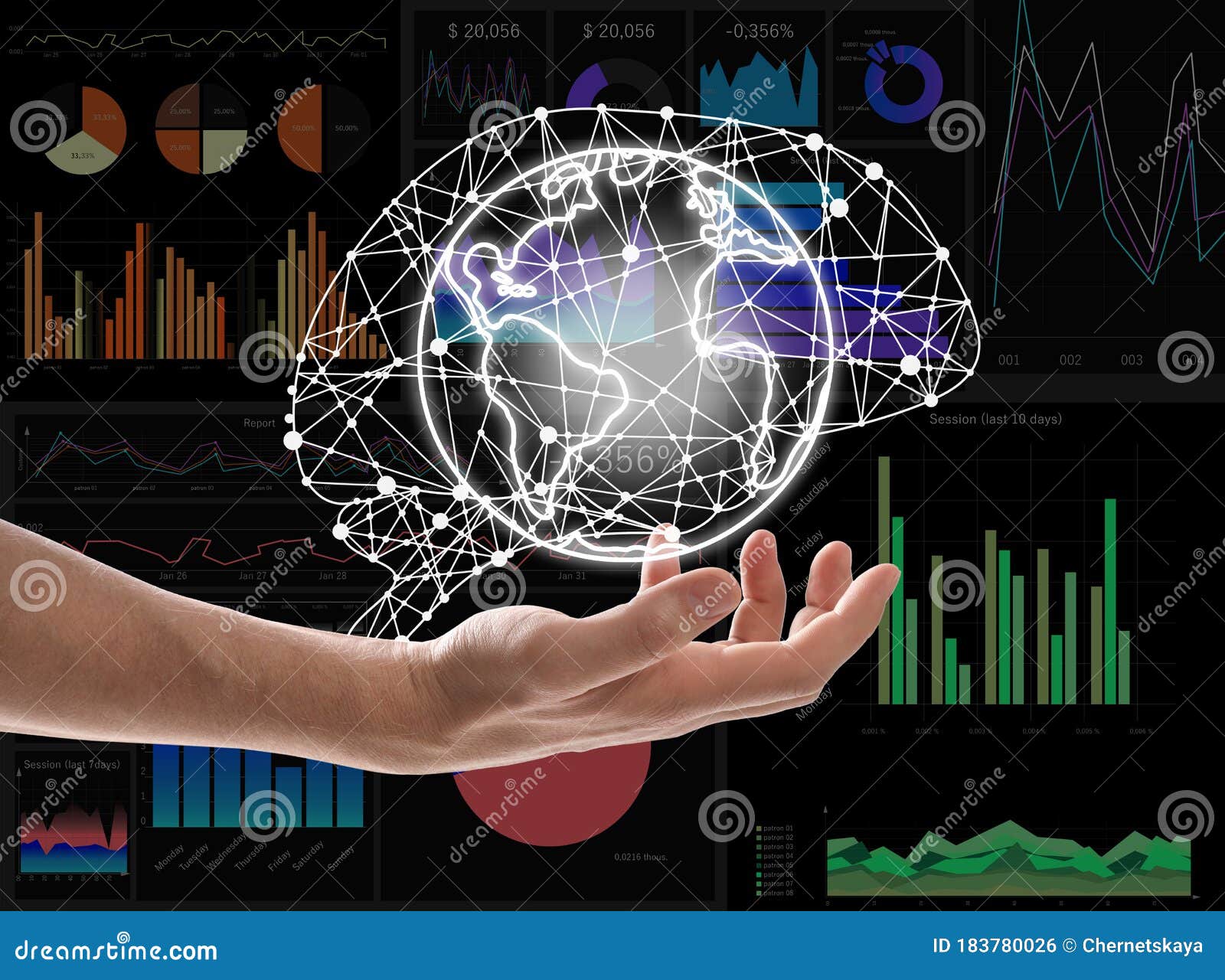 Man Demonstrating World Globe with Network Connection Lines and Digital ... Man Demonstrating World Globe with Network Connection Lines and Digital ...