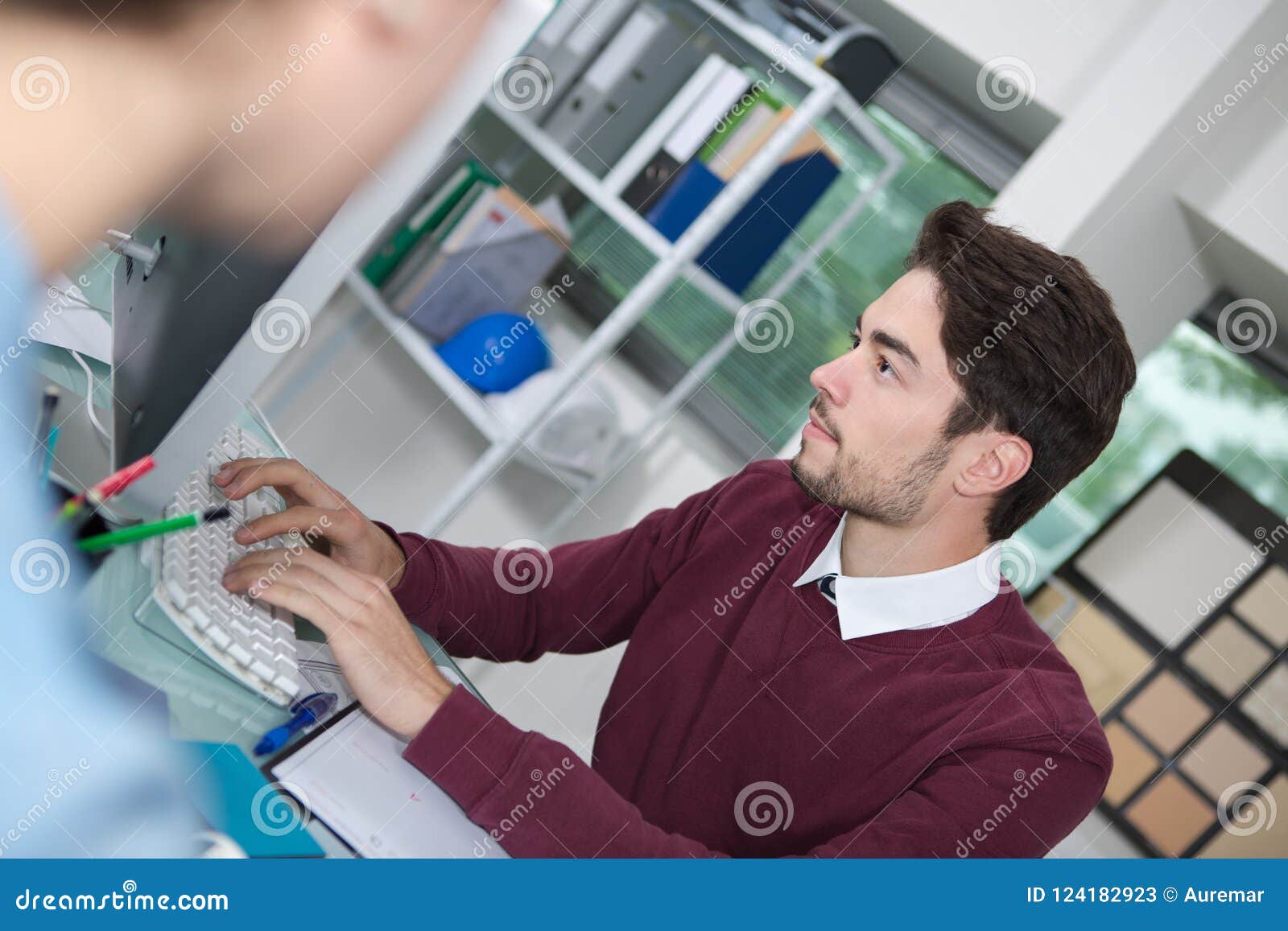 Man at desk typing stock image. Image of keyboard, input - 124182923