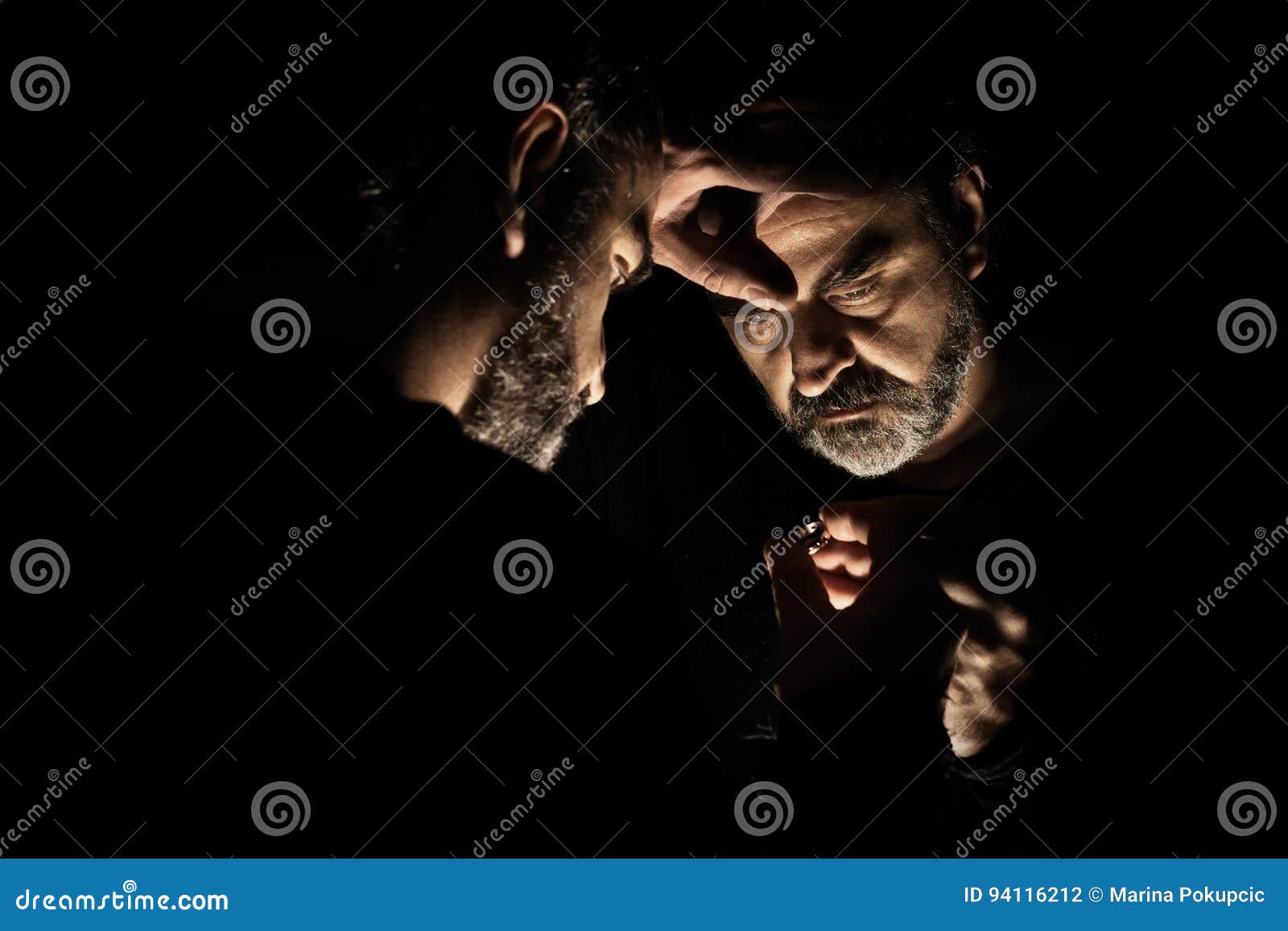 Man in Despair, Sad and Lonely Standing in Front of a Mirror Stock ...