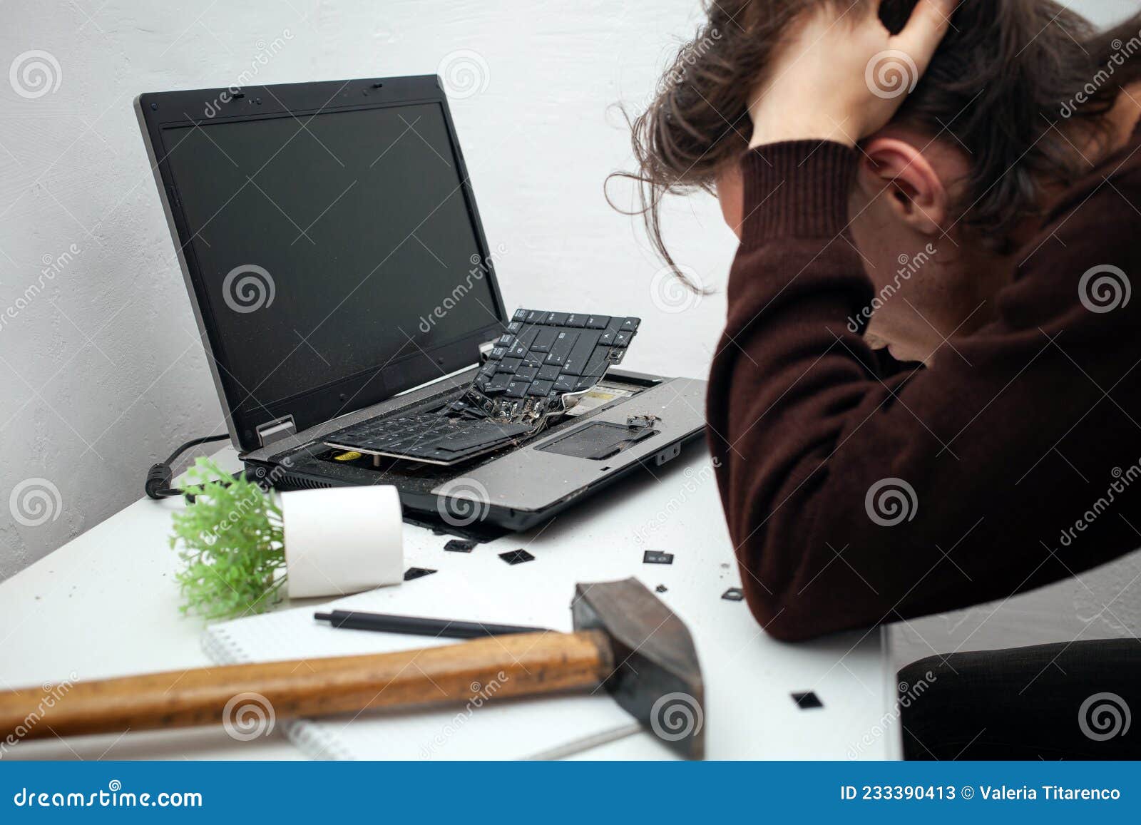 Man Destroyed Laptop with a Hammer. Nervous Work, Buggy Computer ...