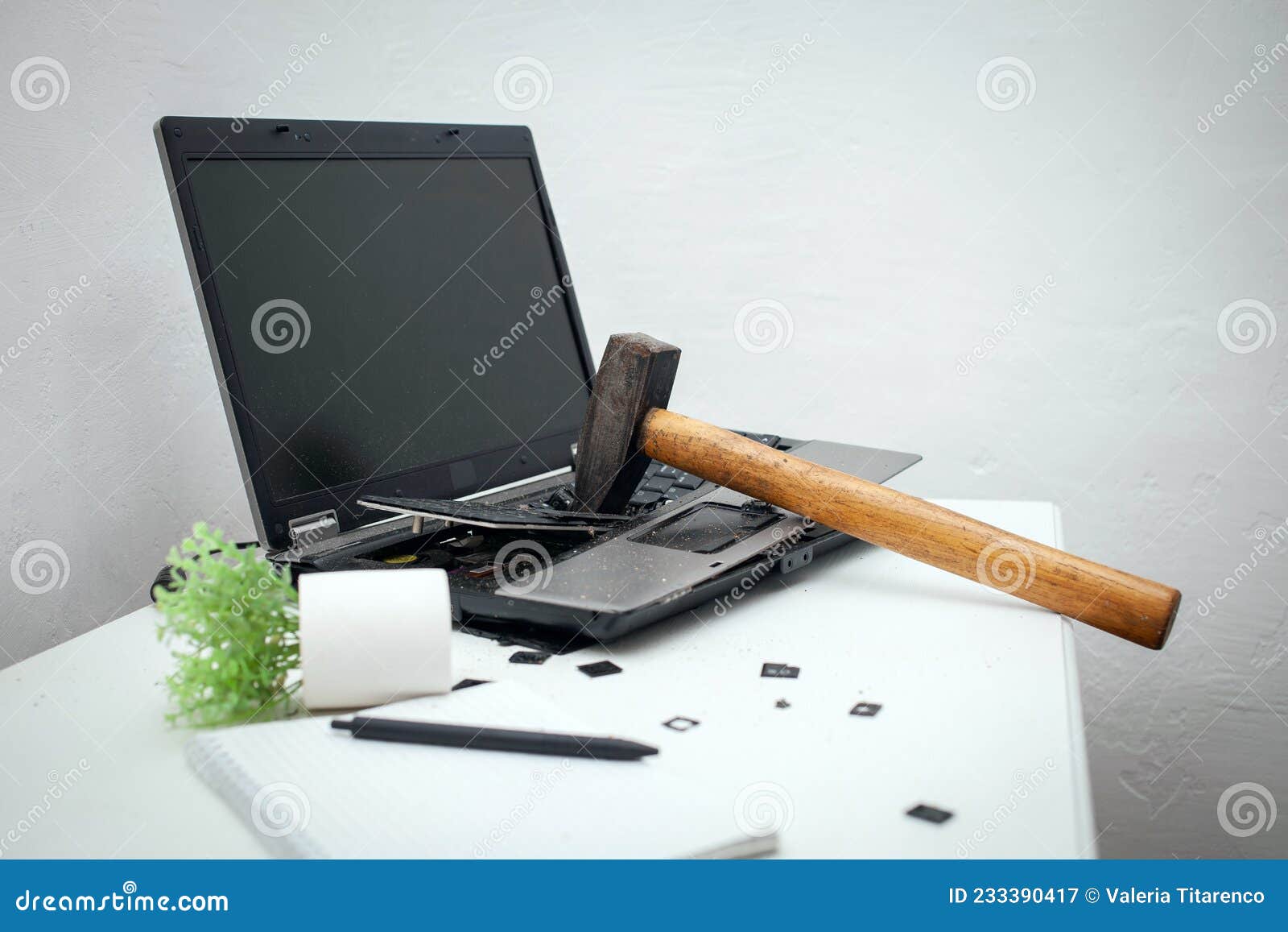 Man Destroyed Laptop with a Hammer. Nervous Work, Buggy Computer ...