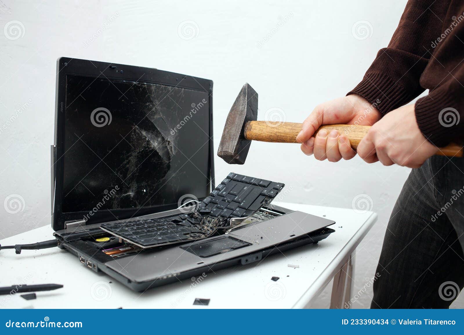 Man Destroyed Laptop with a Hammer. Nervous Work, Buggy Computer ...