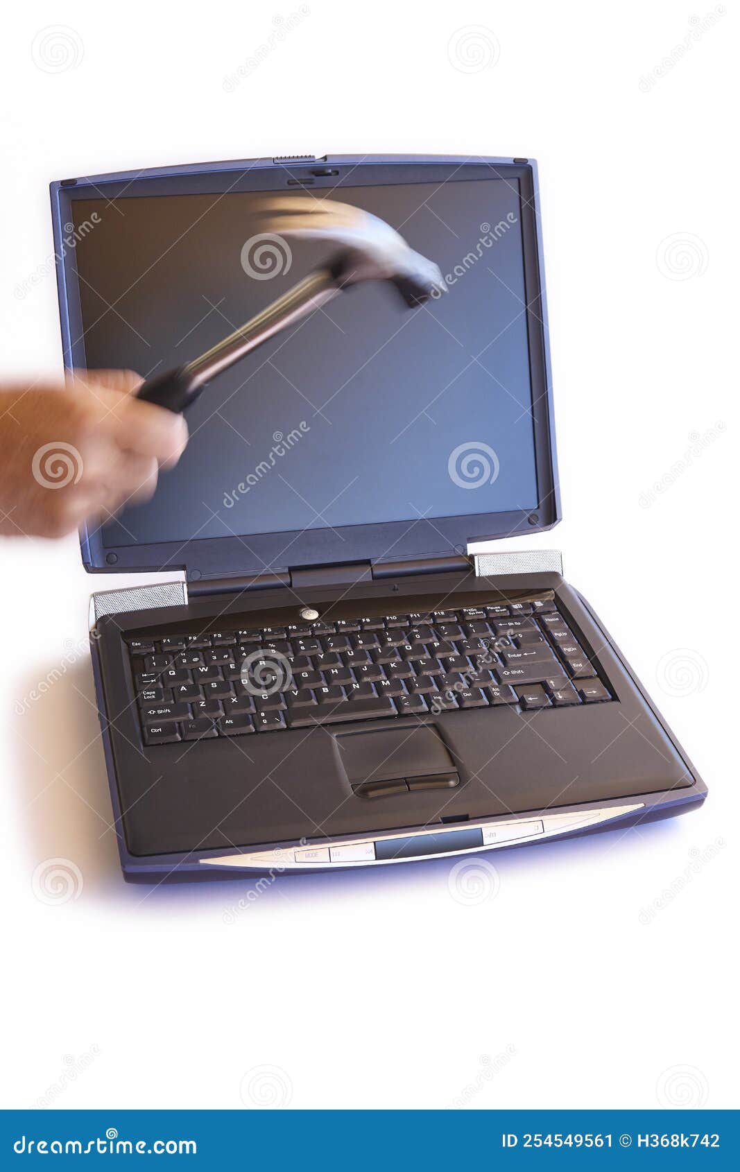 Man Destroying a Laptop with a Hammer. Isolated on White Stock Image ...