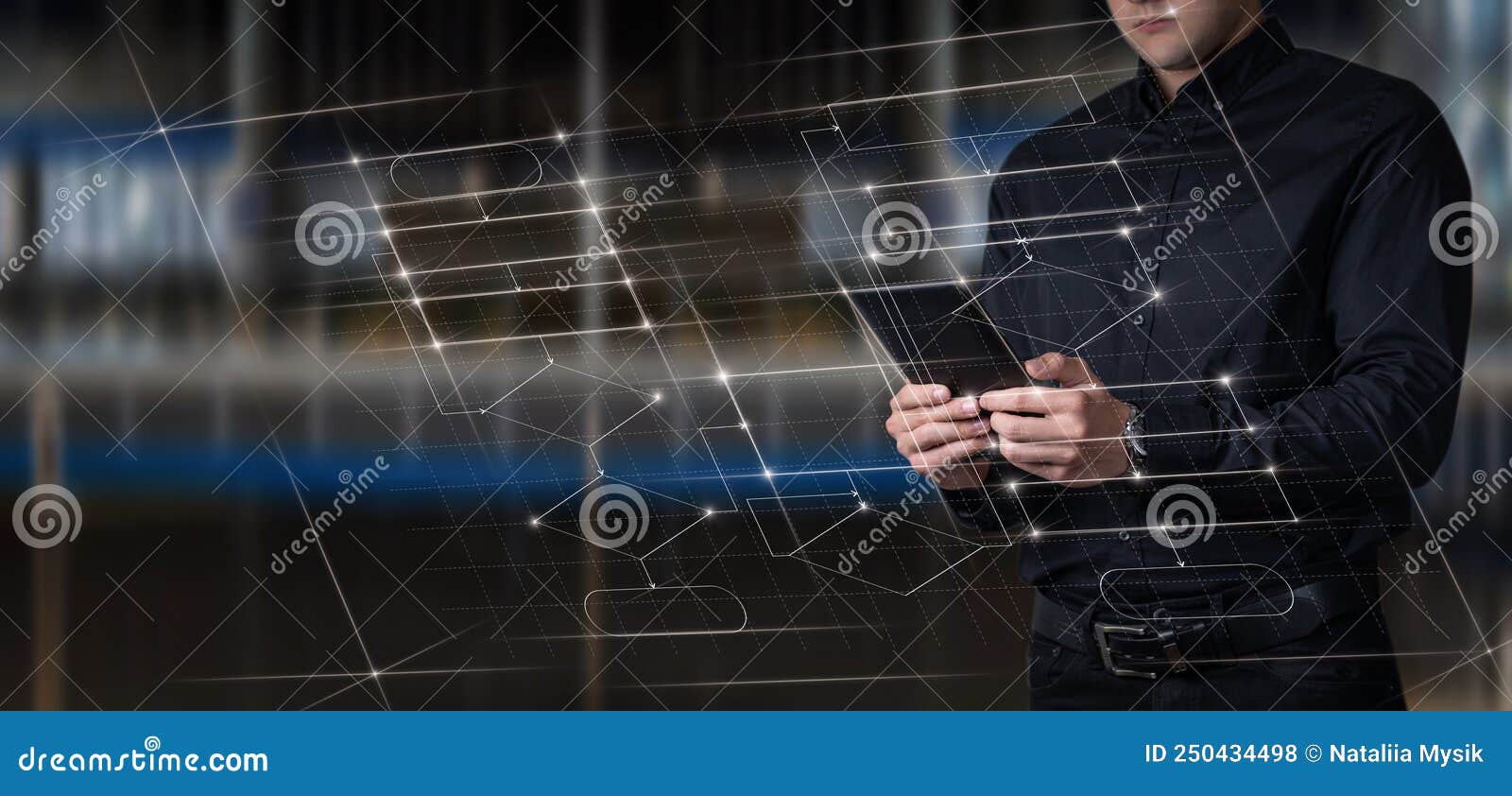 Man Developing Program with Flowchart on Virtual Screen Stock Photo ...