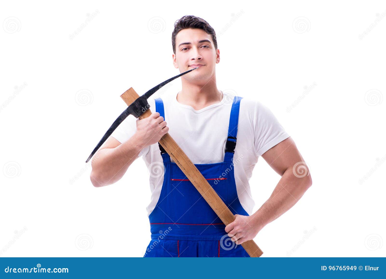 The Man with a Digging Axe Hoe on White Background Isolated Stock Image ...