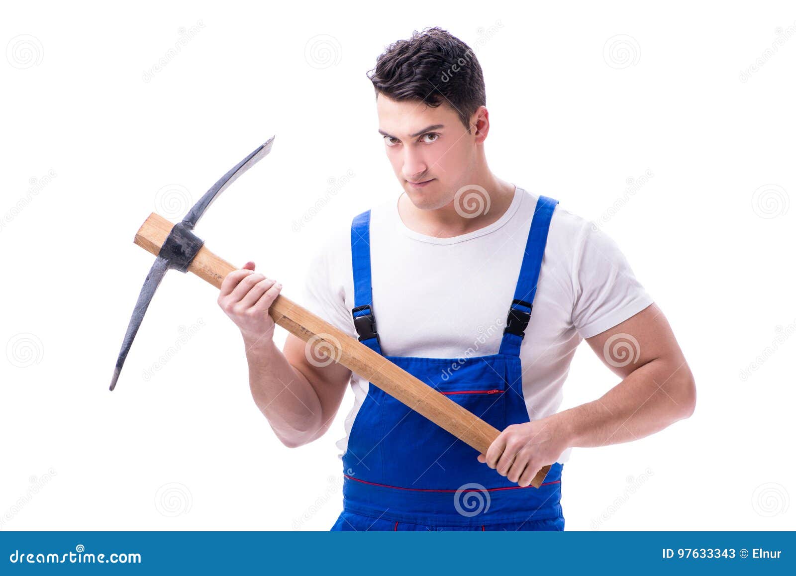 The Man with a Digging Axe Hoe on White Background Isolated Stock Image ...