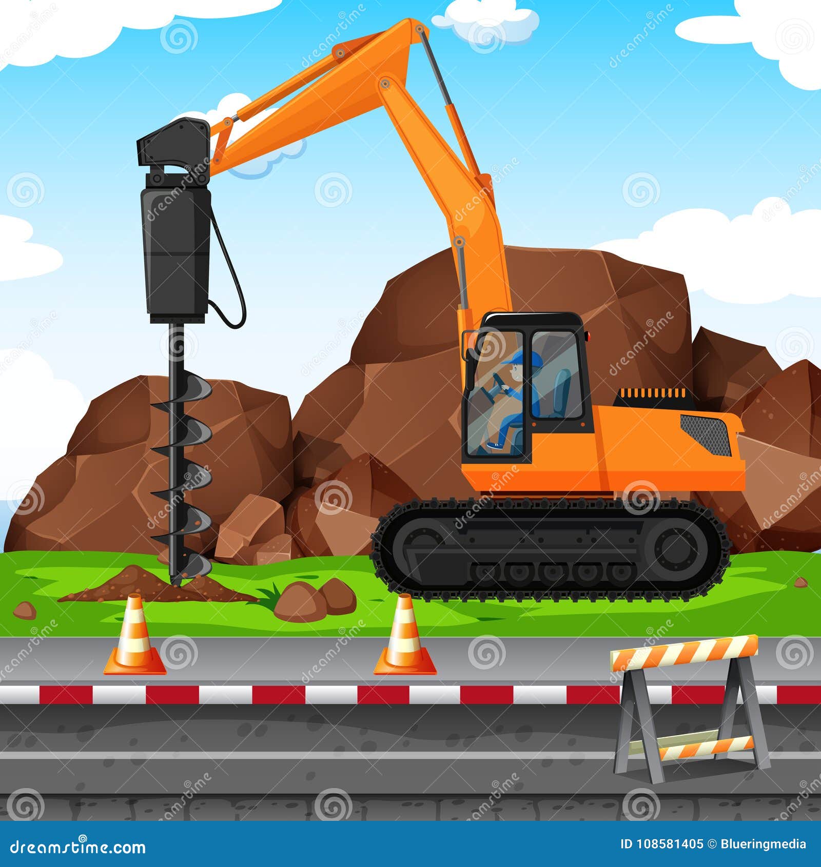 Man Digging Hole with Drill at the Construction Site Stock Vector ...