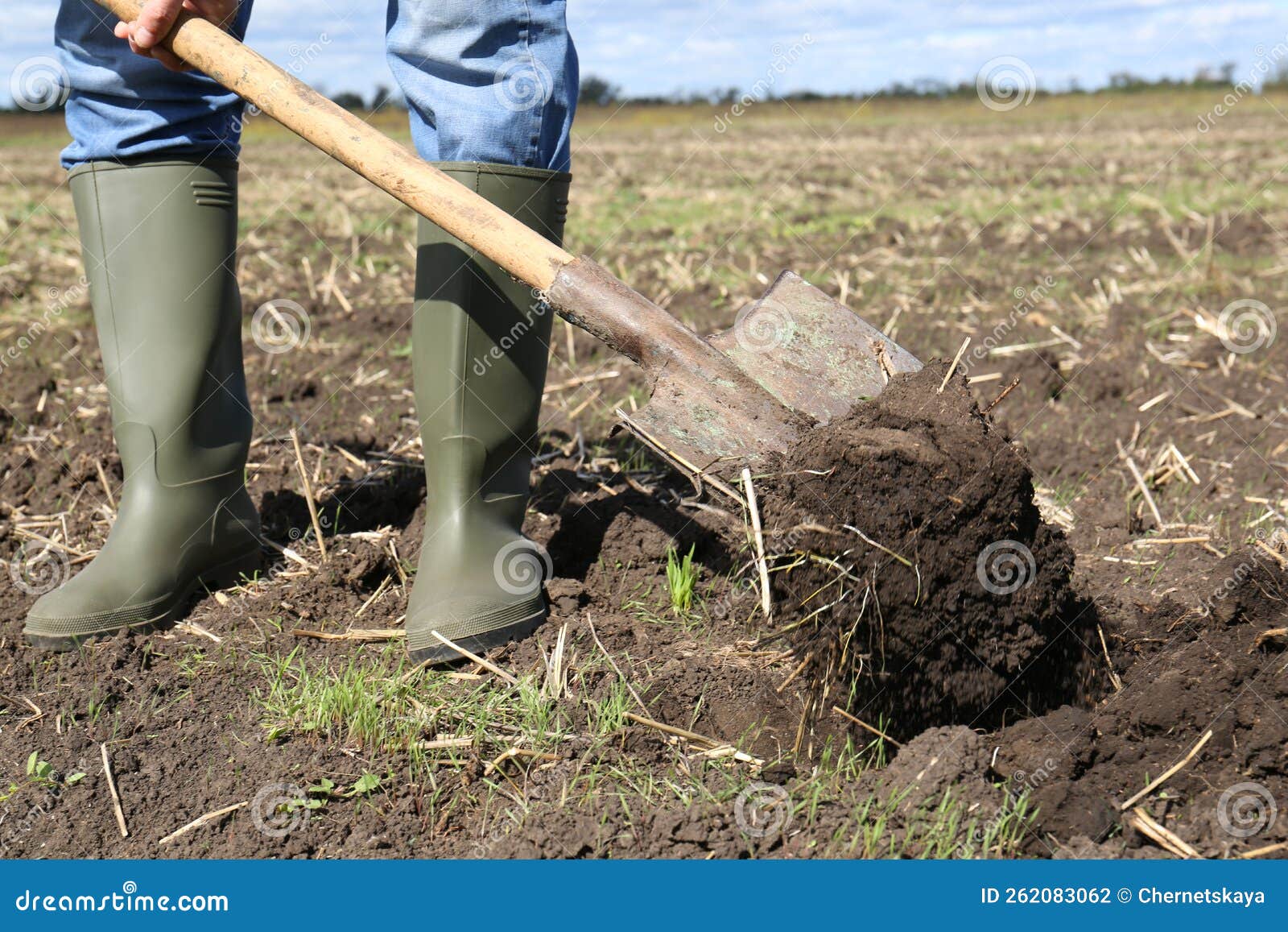 Man Digging Soil with Shovel in Field, Closeup Stock Photo - Image of ...