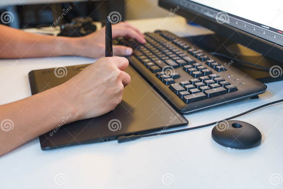 Man Digital Artist Working with Drawing Tablet in Front of Computer ...