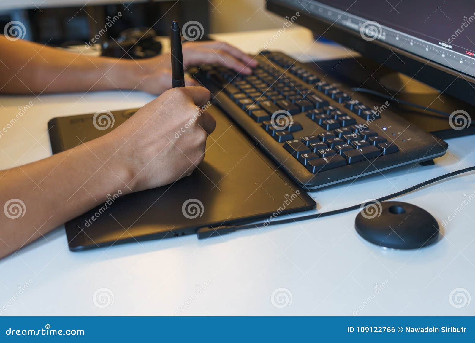 Man Digital Artist Working with Drawing Tablet in Front of Computer ...