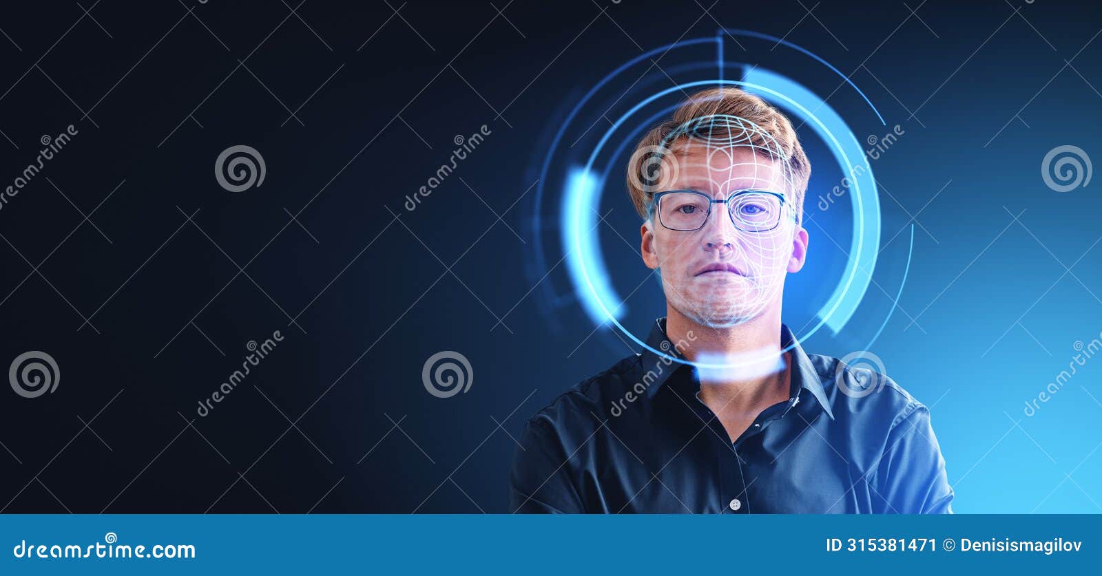 A Man with Digital Facial Recognition Overlays on a Blue Backgro Stock ...