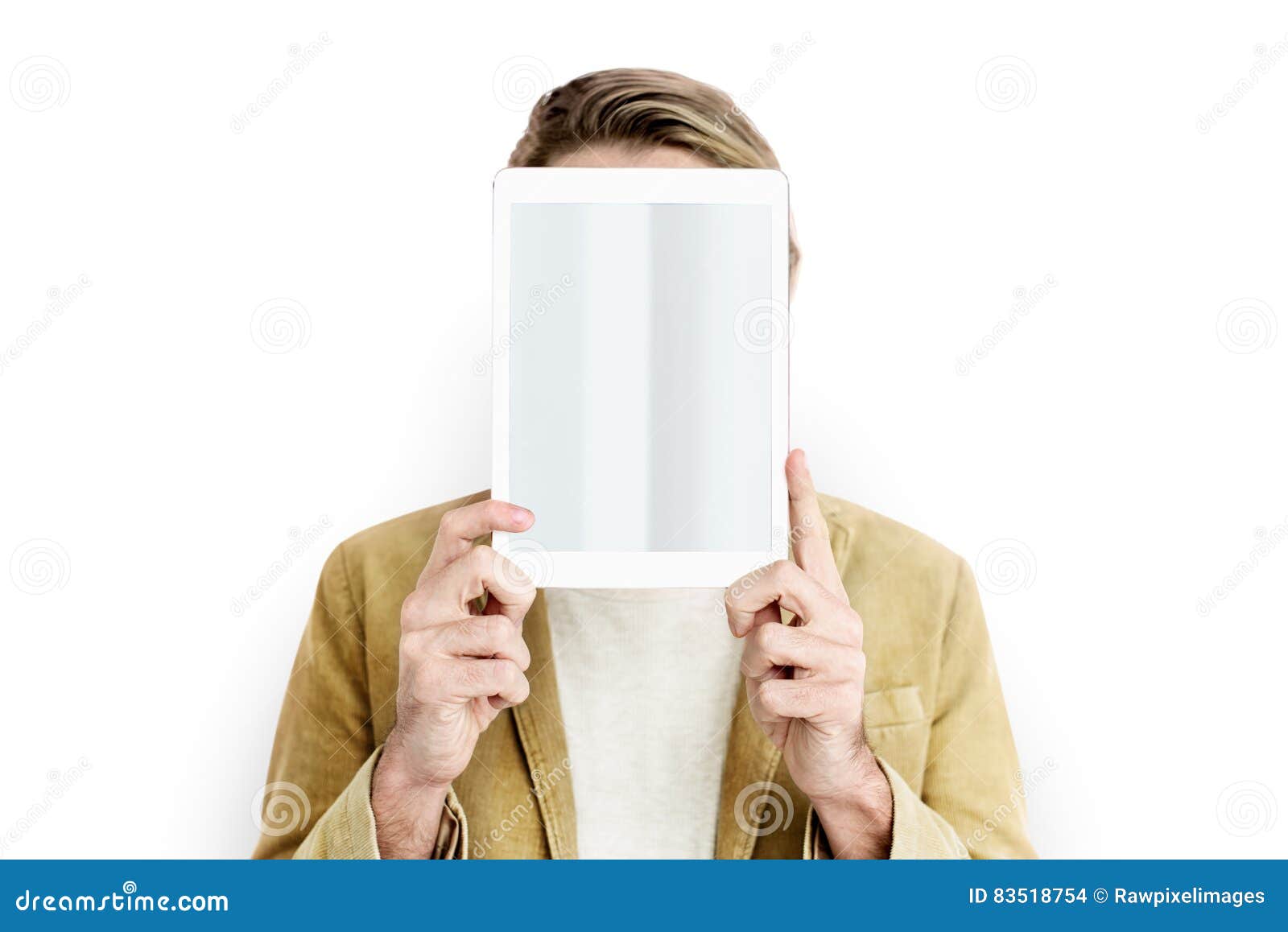 Man Digital Tablet Face Covered Copy Space Technology Concept Stock ...