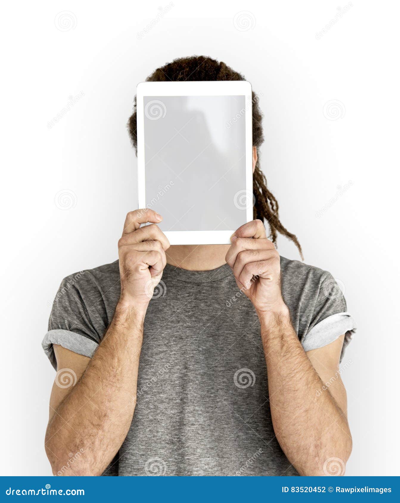 Man Digital Tablet Face Covered Copy Space Technology Concept Stock ...
