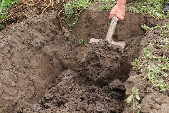 Man Digs a Deep Pit. Digging a Pit by Shovel Stock Image - Image of ...