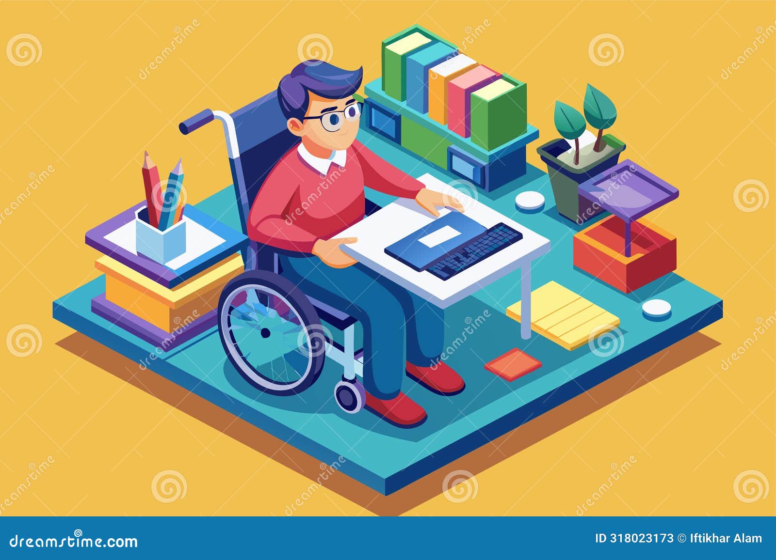 A Man with Disabilities is Sitting in a Wheelchair and Using a Computer ...