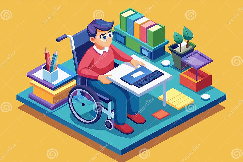 A Man with Disabilities is Sitting in a Wheelchair and Using a Computer ...