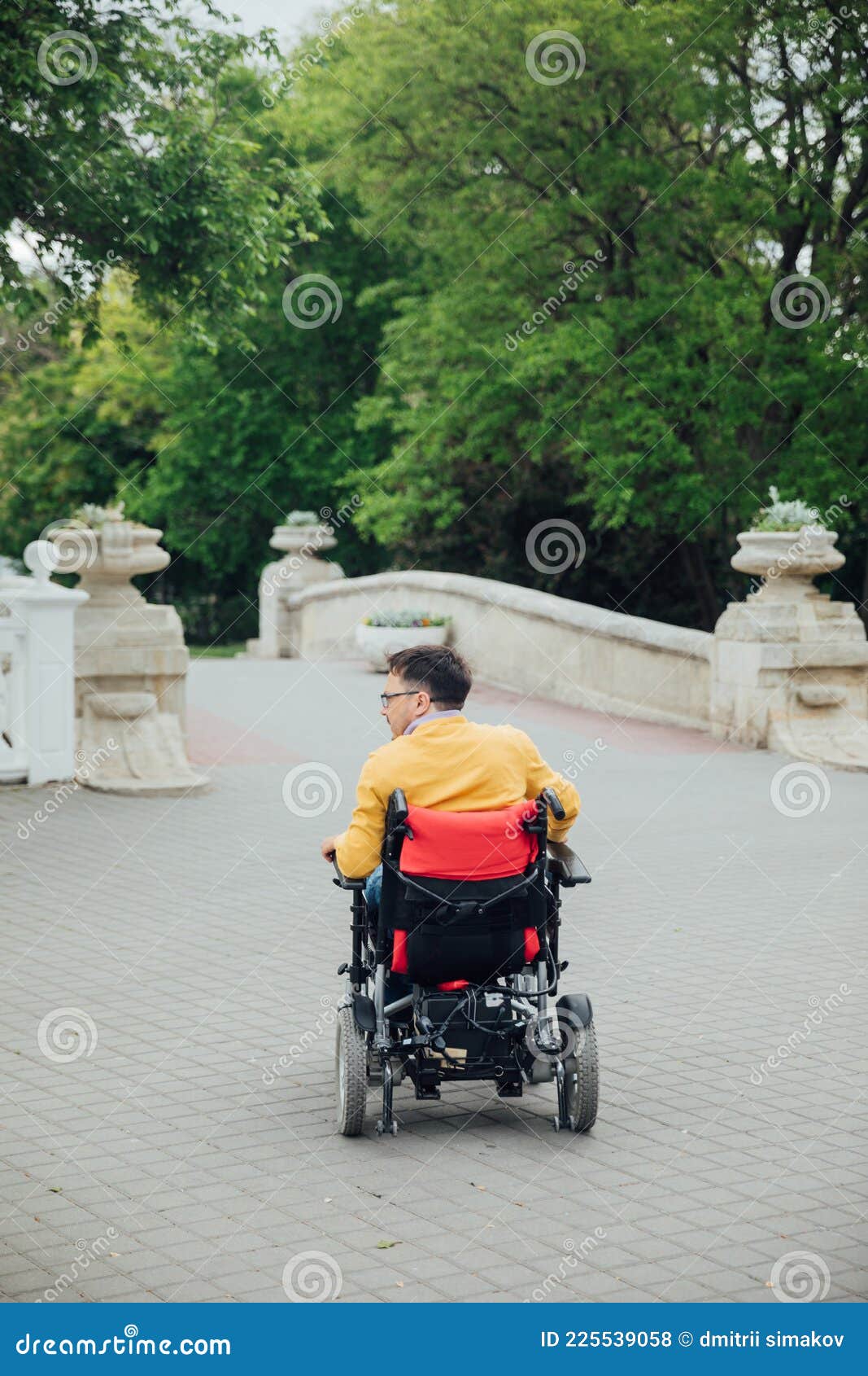 A Man with Disabilities in a Wheelchair Walking Looks at the View Stock ...