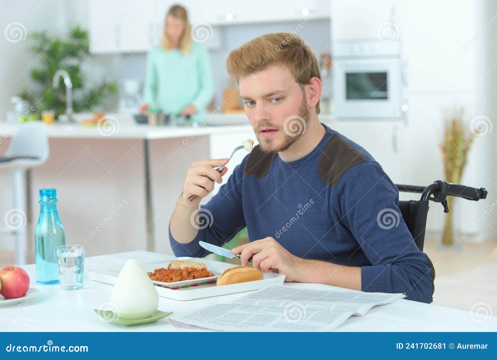 Man Disabled on Wheelchair Having Lunch Stock Image - Image of human ...