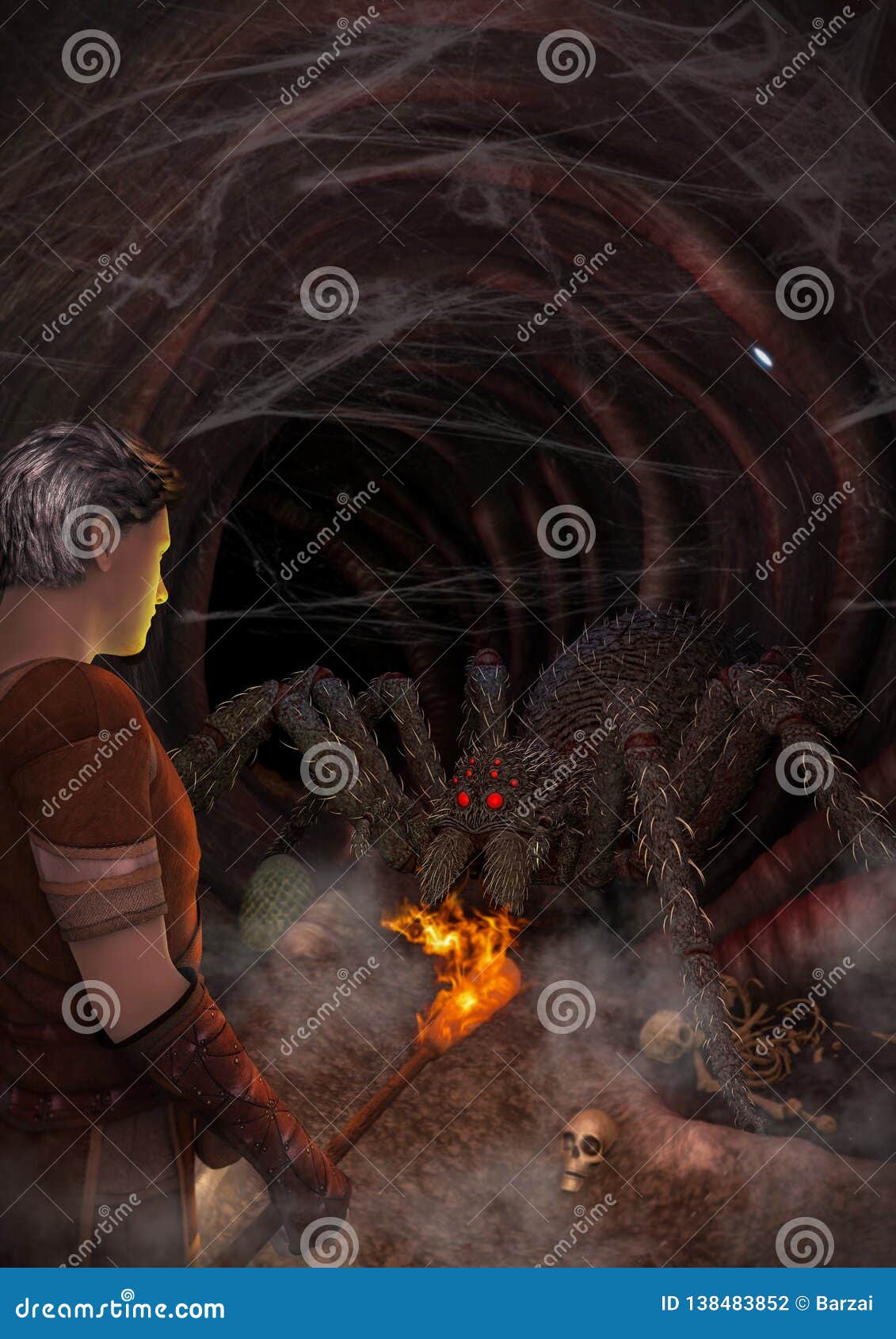 Man Discovering a Huge Monster Spider. Stock Illustration ...