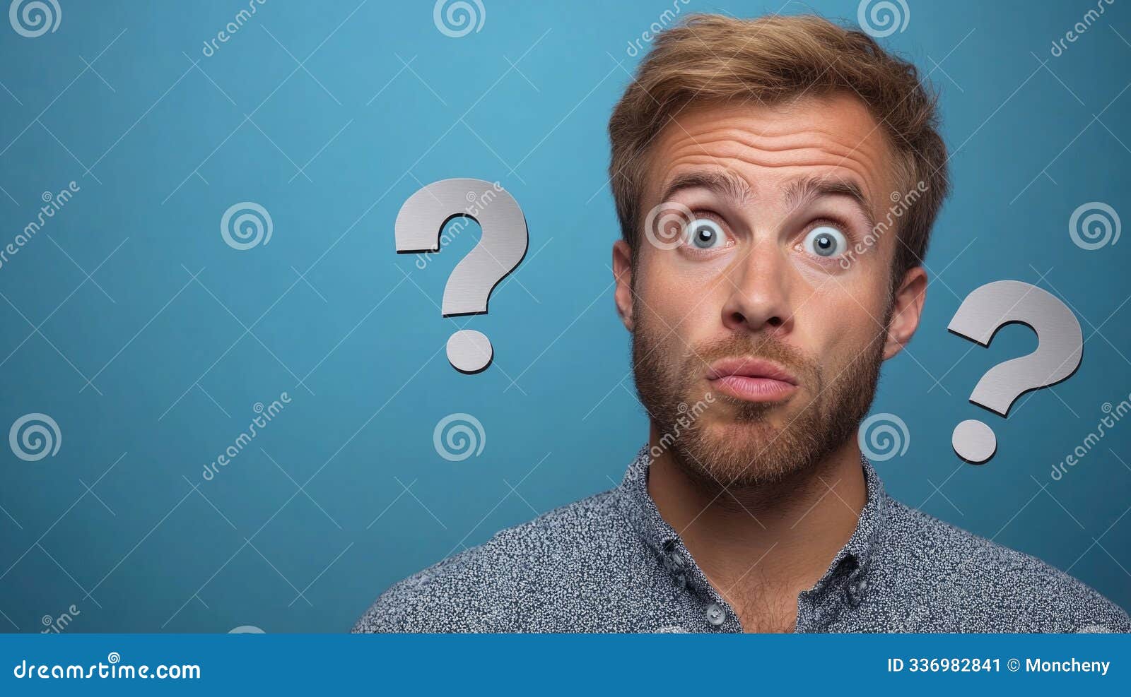 A Man Displays a Puzzled Expression, Surrounded by Question Marks on a ...