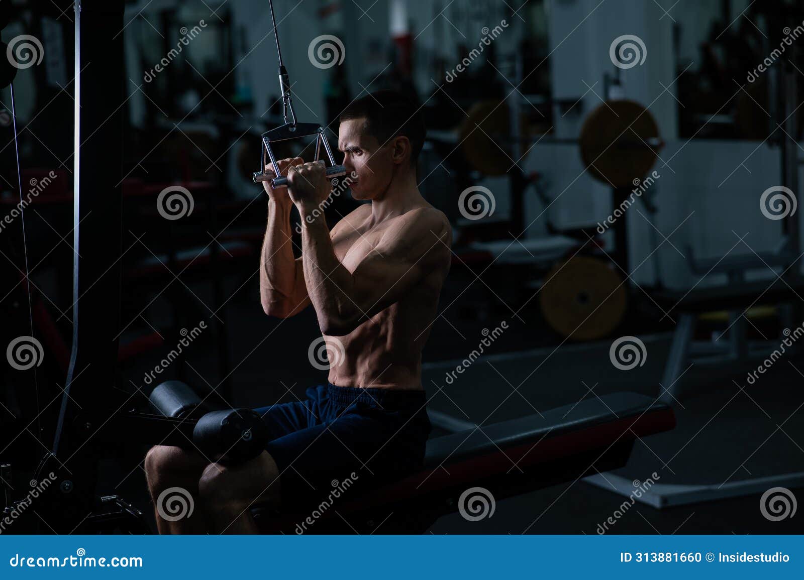 A Man Does a Chest Pulldown in the Gym. Stock Photo - Image of lifting ...