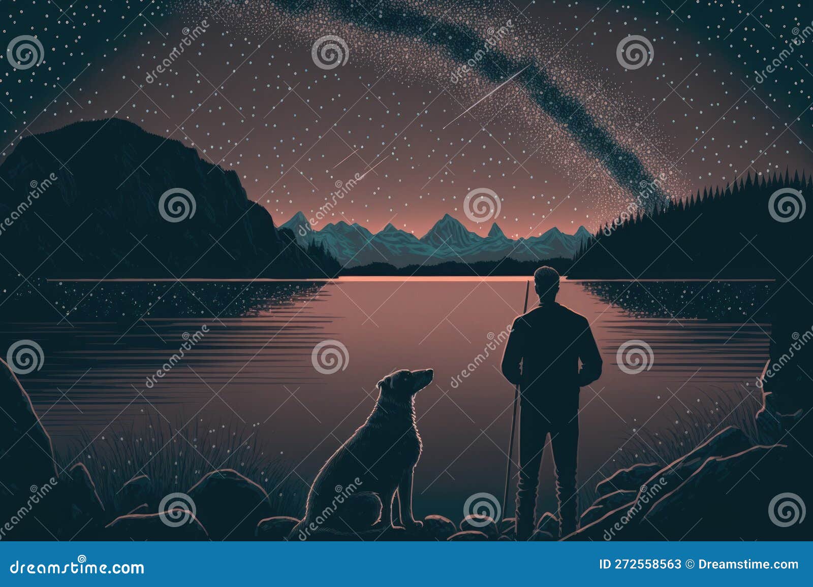 Man with Dog Looking at Perseid Meteor Shower at Lake Bled Stock ...