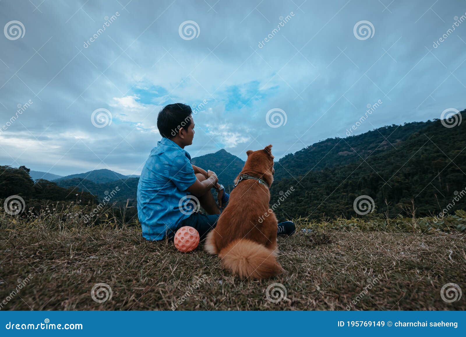 A Man and a Dog Sitting on the Ground in the Mountain Stock Image ...